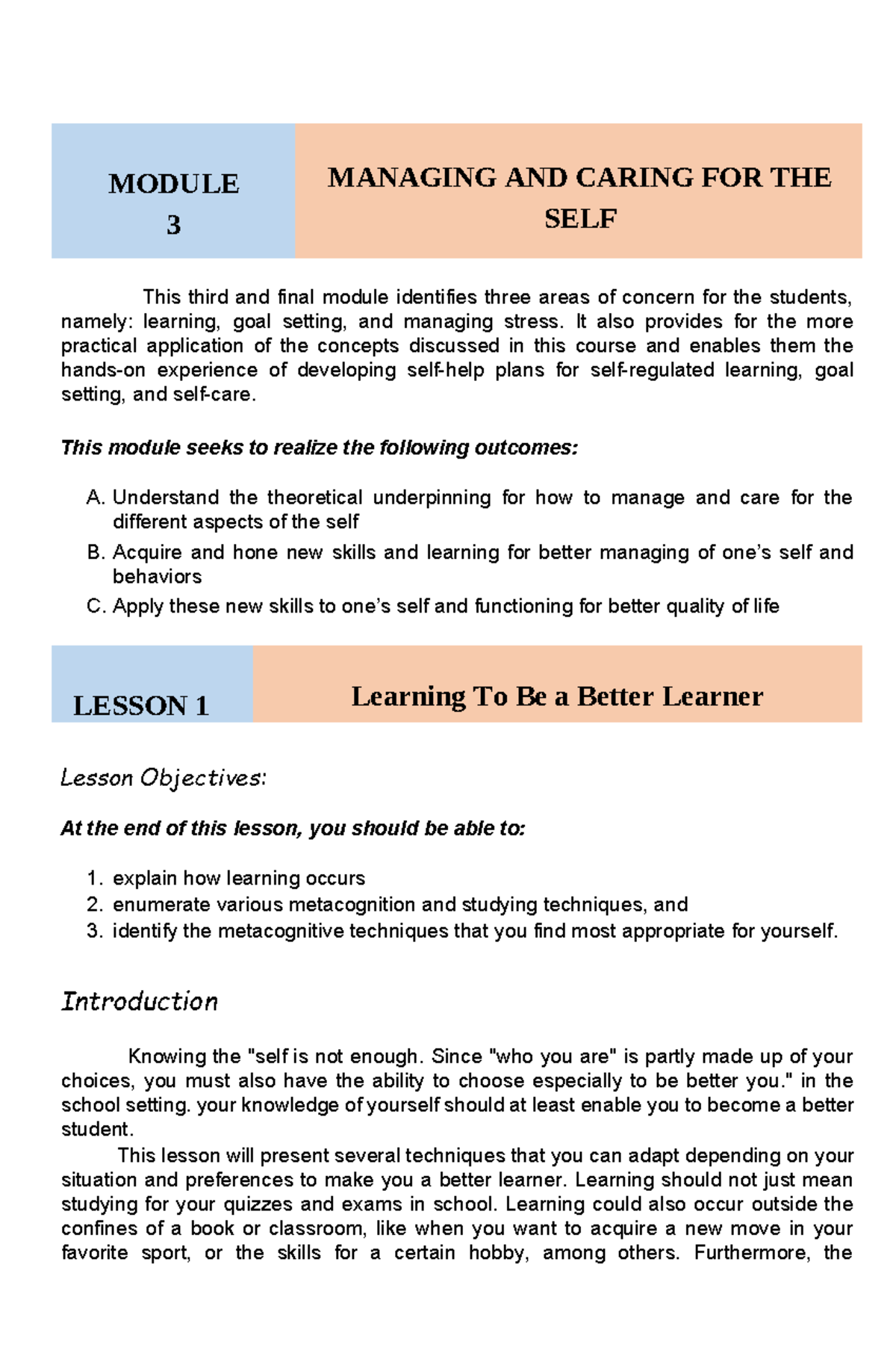 UTS Final-Coverage-Last-Lessons - MODULE 3 MANAGING AND CARING FOR THE ...