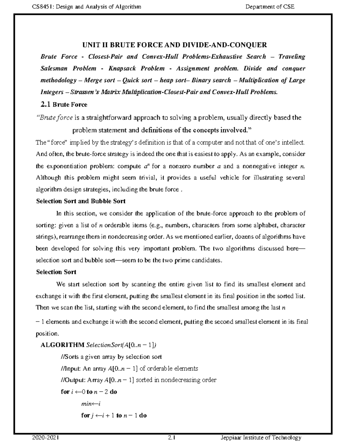402 - Useful information on this material - UNIT II BRUTE FORCE AND DIVIDE-AND-CONQUER Brute ...