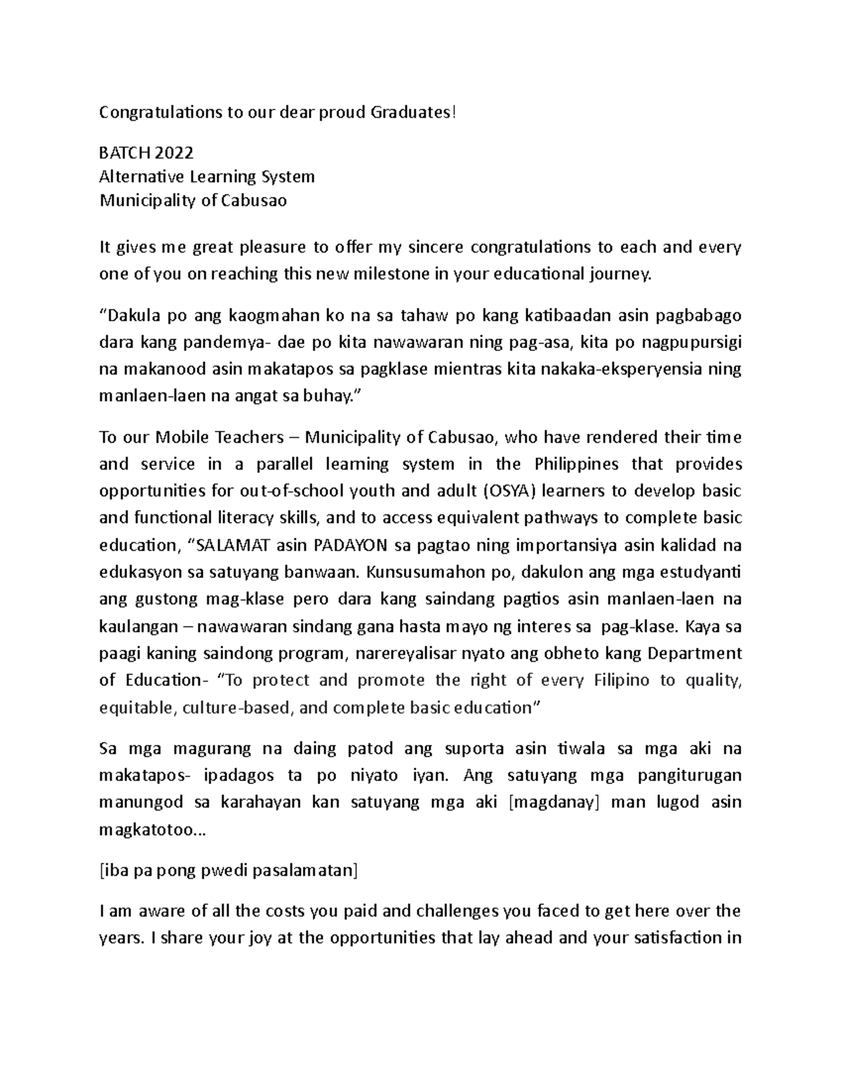 ALS Graduation Speech - Congratulations to our dear proud Graduates ...