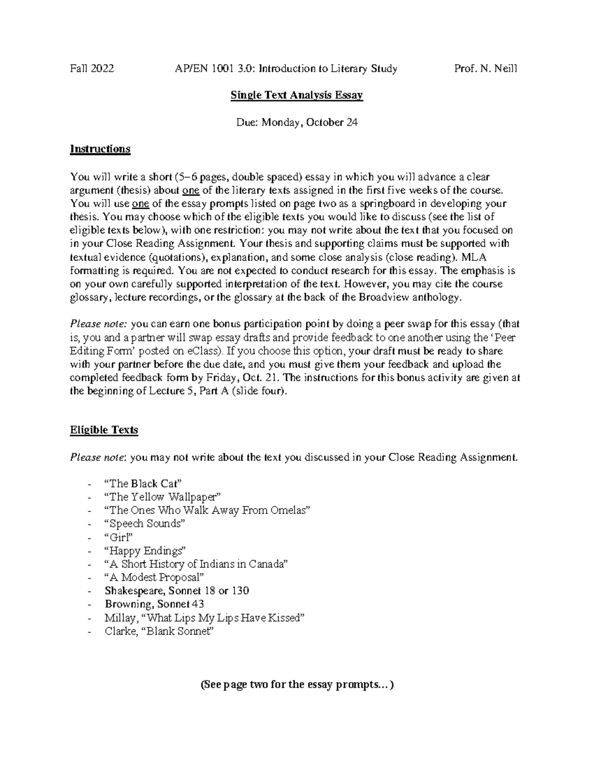1001 Single Text Analysis Essay - 2022 - Fall 202 2 AP/EN 1001 3 ...