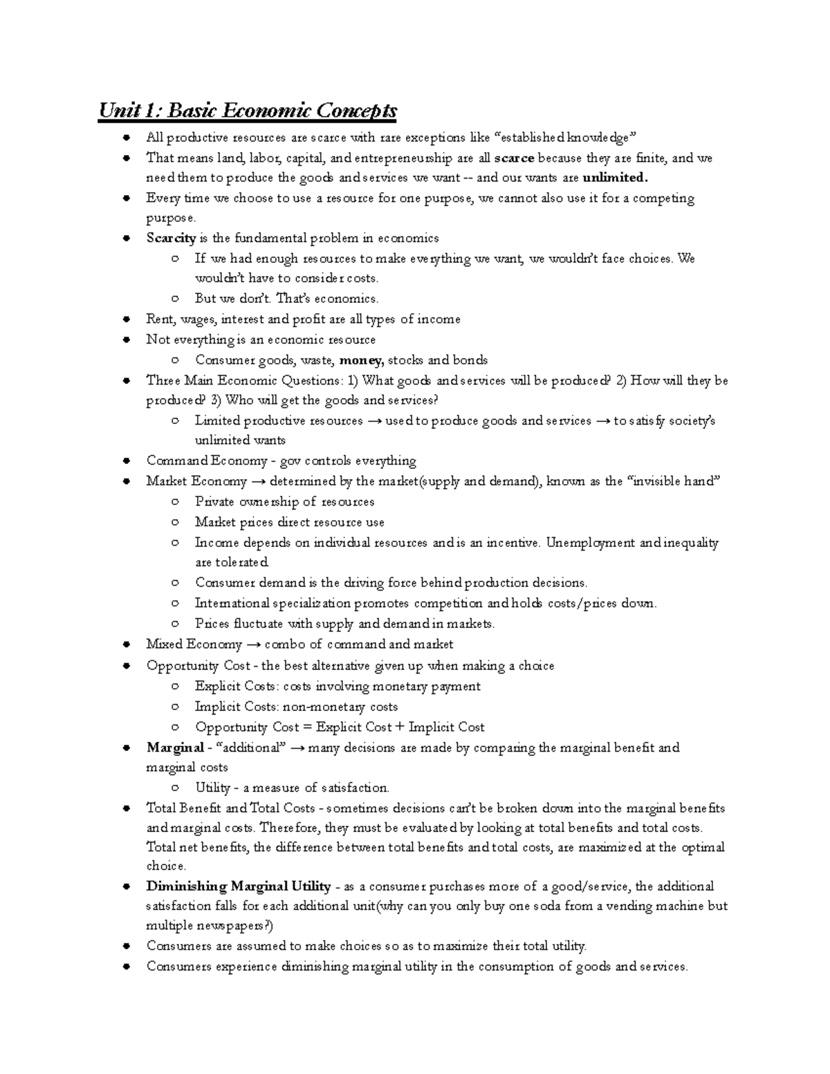 Cumulative notes, microeconomics - Unit 1: Basic Economic Concepts All ...