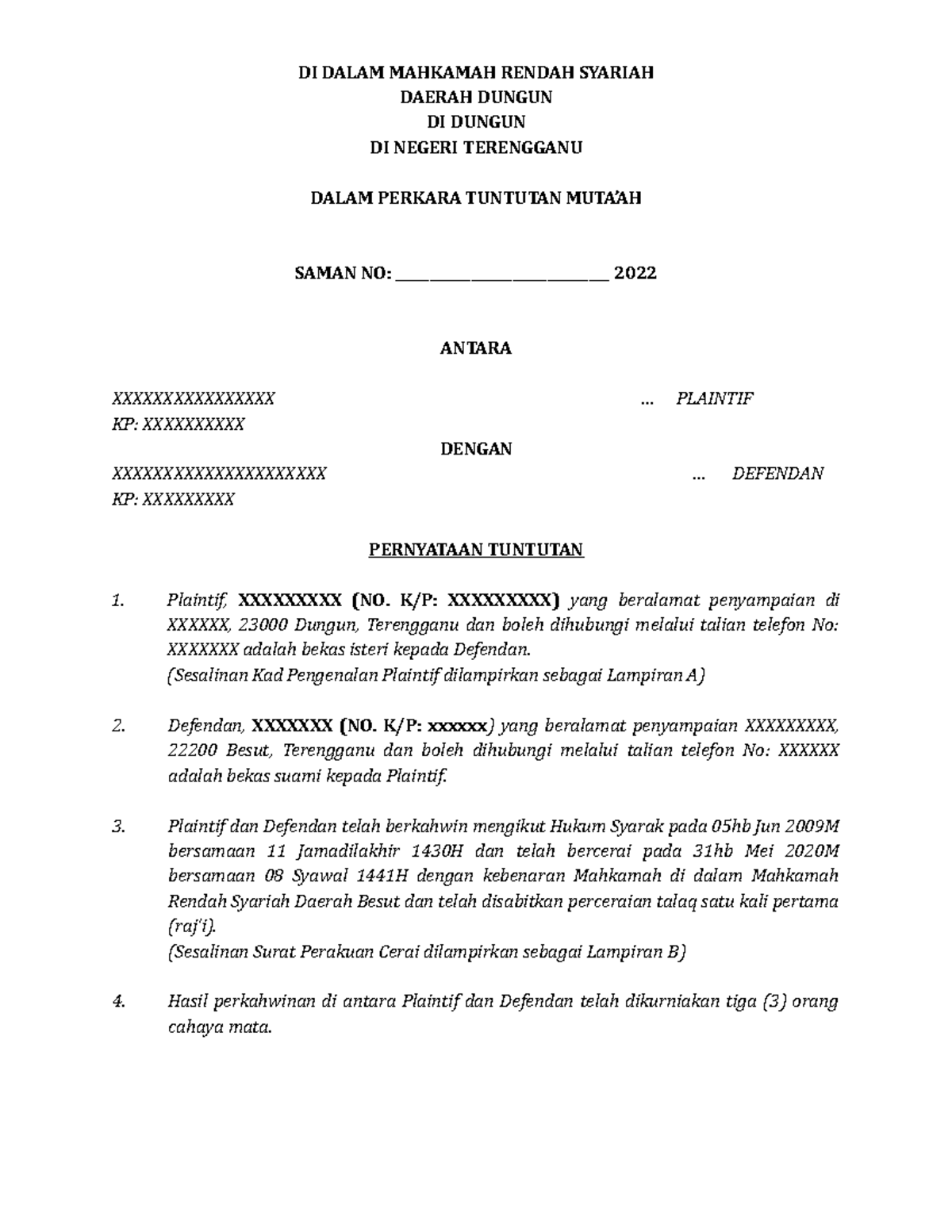 S Ample Penyata Tuntutan Mutaah - DI DALAM MAHKAMAH RENDAH SYARIAH ...