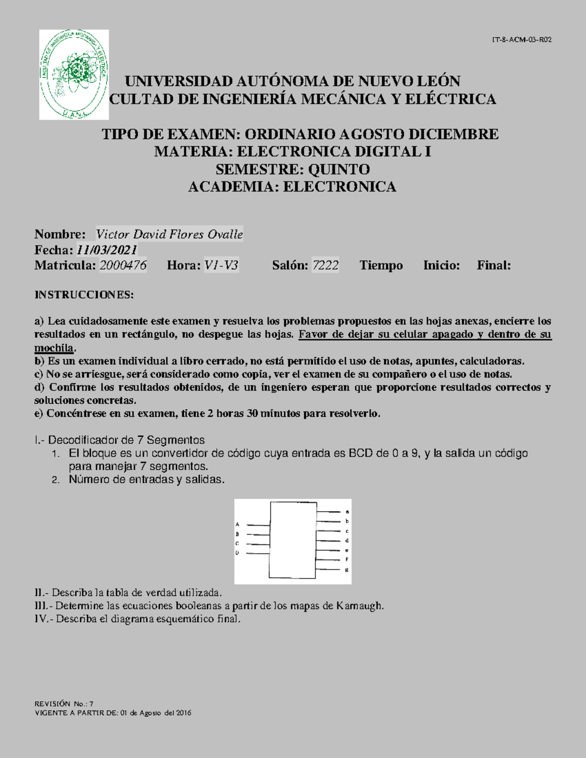 Act Fund 4 Examen de Medio Curso Digital 1 - REVISIÓN No.: 7 IT- 8 ...