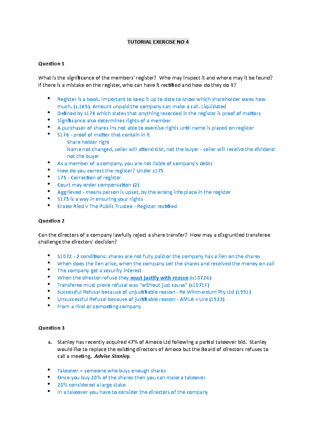 LAWS2301 Tutorial Exercise NO 4 - TUTORIAL EXERCISE NO 4 Question 1 What is the significance of ...