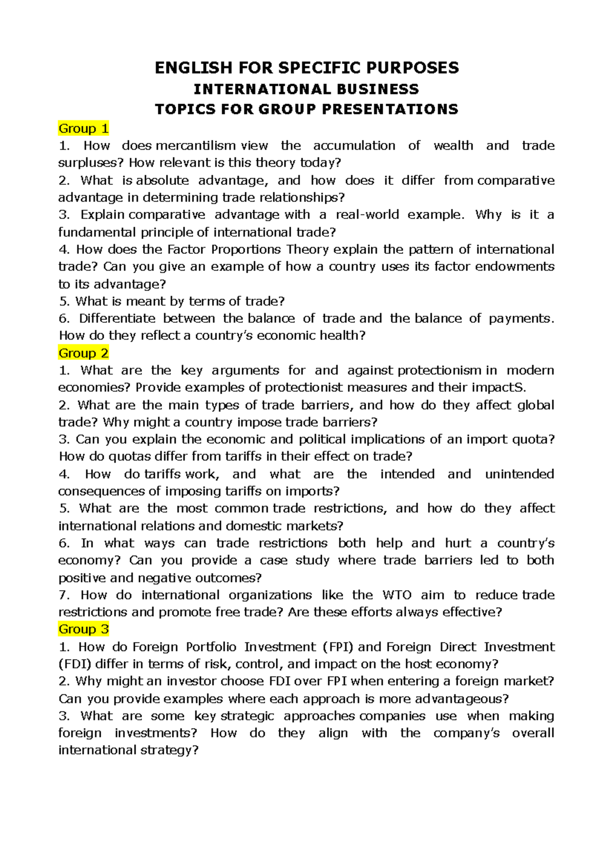 3. Presentation topics - ENGLISH FOR SPECIFIC PURPOSES INTERNATIONAL ...