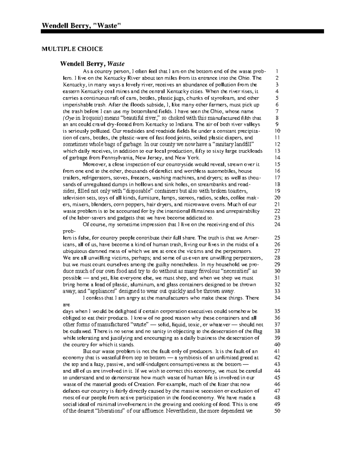 18 wendell berry waste test - Wendell Berry, "Waste" MULTIPLE CHOICE Of ...
