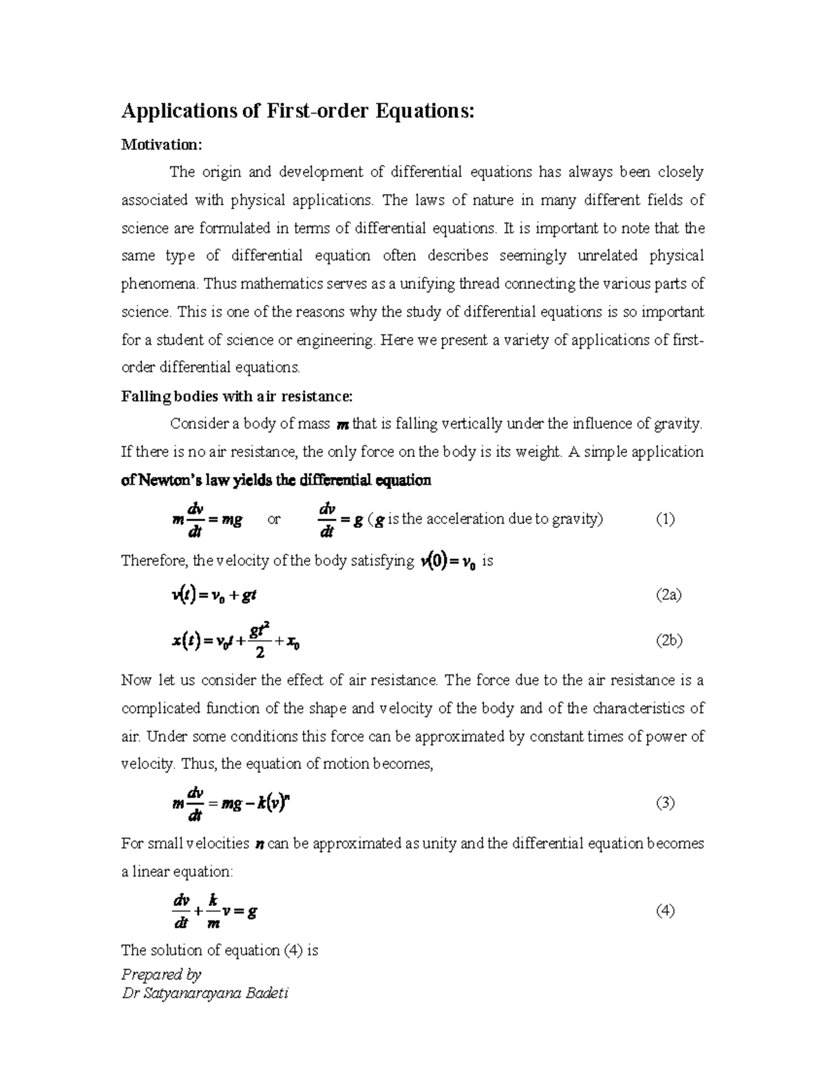 Applications of first order differential equations - Prepared by ...