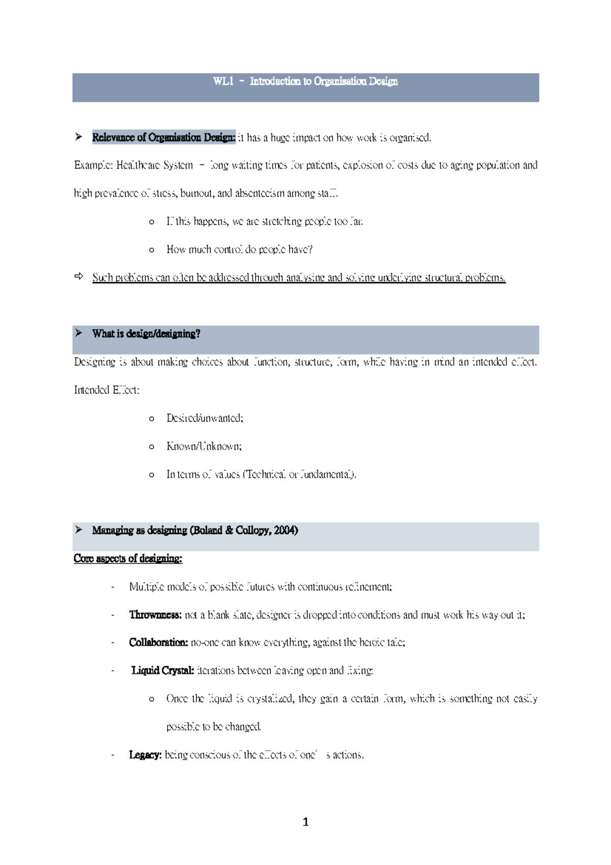 IOD Summary Slides - WL 1 – Introduction to Organisation Design Ø ...