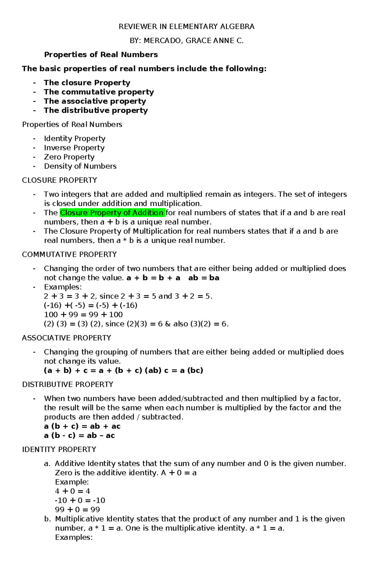 Reviewer IN Elementary Algebra - REVIEWER IN ELEMENTARY ALGEBRA BY ...