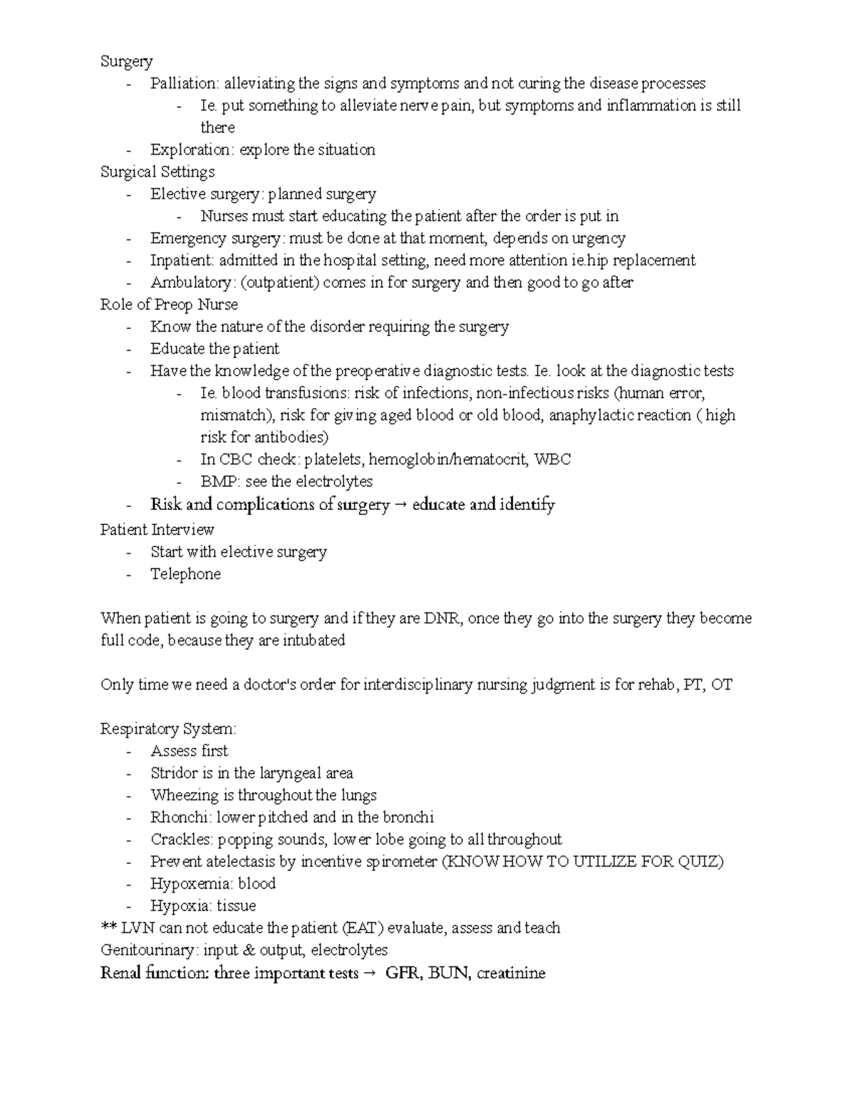 NURS 12O week one perioperative notes - Surgery - Palliation ...