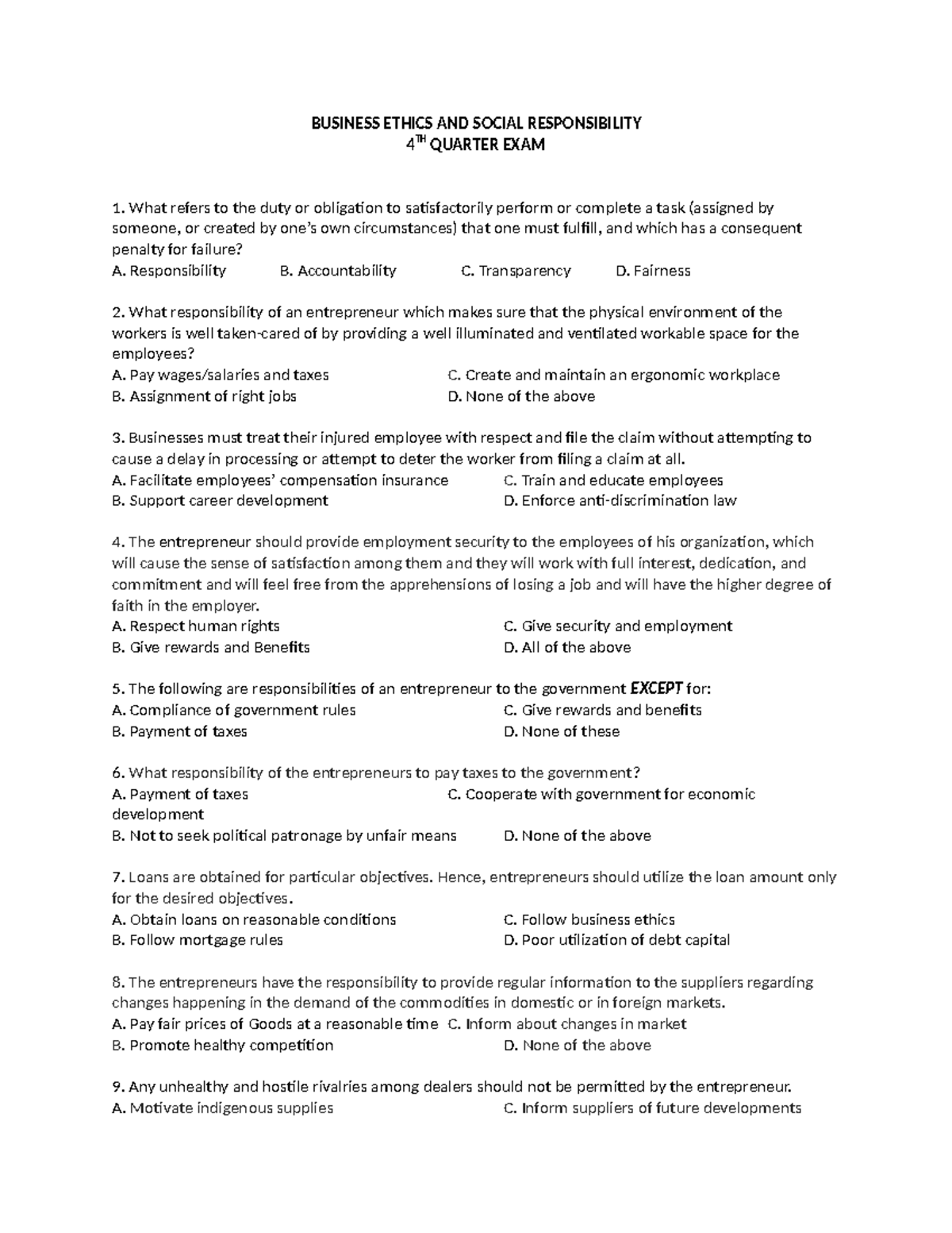 4TH Quarter EXAM IN Ethics AND Social Responsibility - BUSINESS ETHICS ...