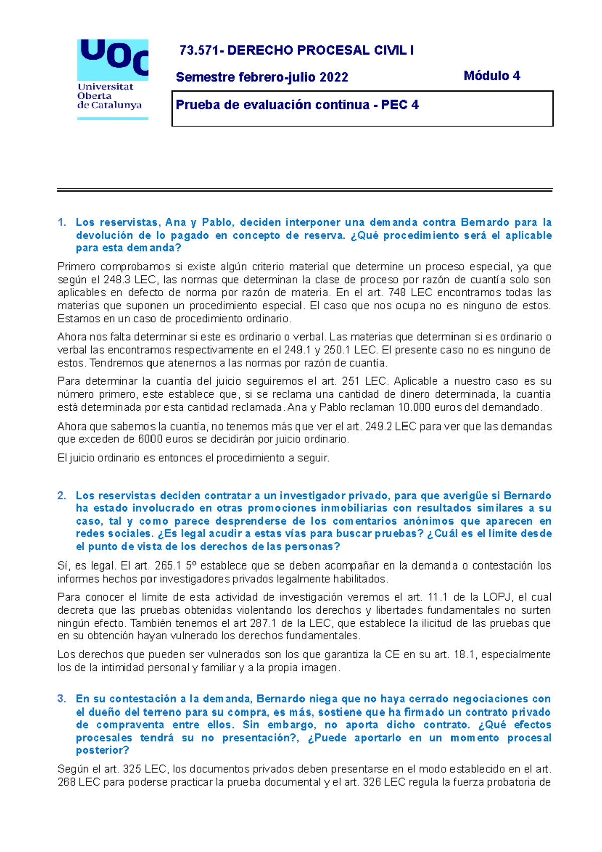PEC4. 2021-2022.2 - procesal pec 4 - 73- DERECHO PROCESAL CIVIL I Semestre febrero-julio 2022 ...