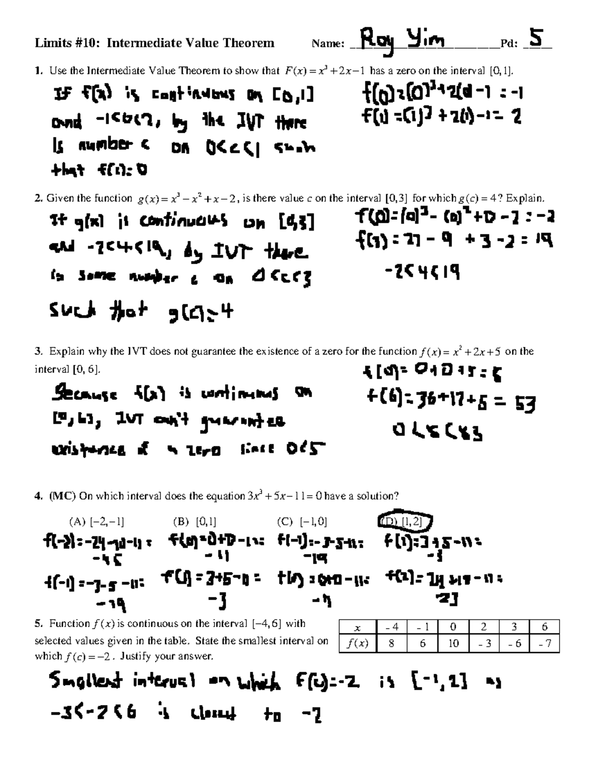 Limits#10 Canvas IVT - Limits #10: Intermediate Value Theorem Name