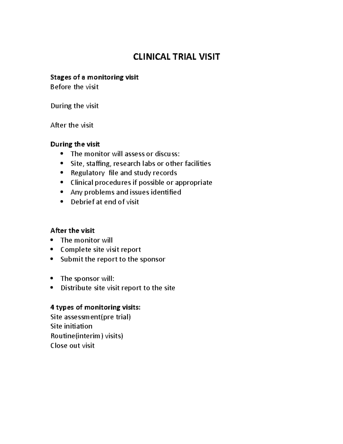 Clinical Trial Visit - CLINICAL TRIAL VISIT Stages of a monitoring ...
