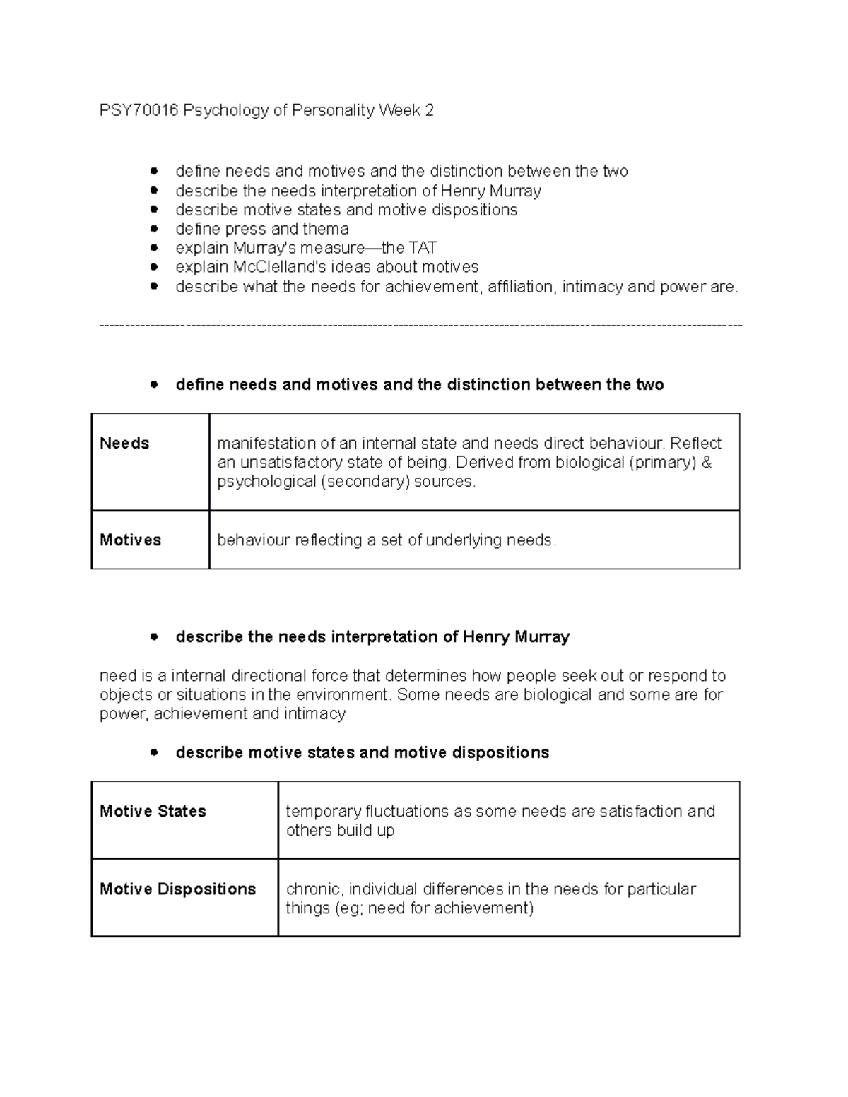 Pers Psych Week 2 - Lecture notes 2 - PSY70016 Psychology of ...