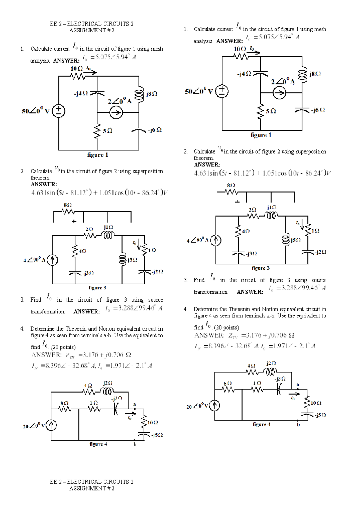 Assm2 3 - N/A - EE 2 – ELECTRICAL CIRCUITS 2 ASSIGNMENT # 2 Calculate ...