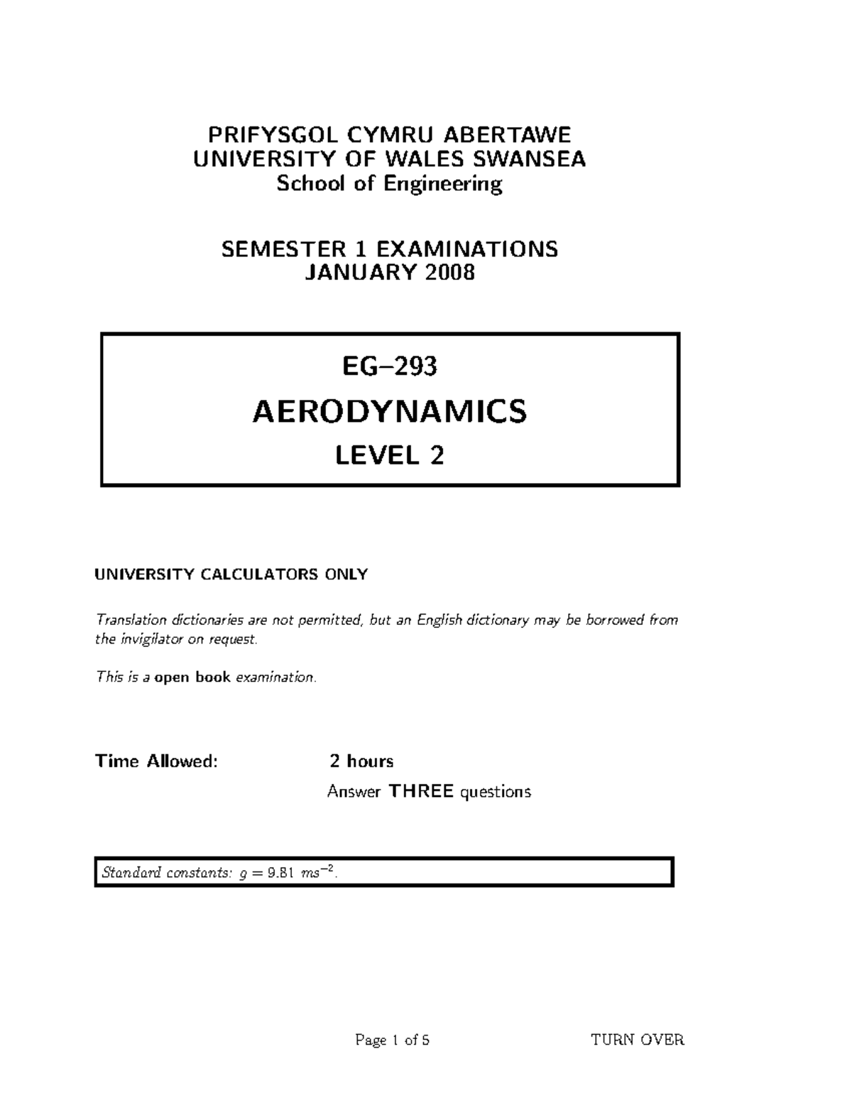 Aero Exam 0708 - Exam 2007/2008 - PRIFYSGOL CYMRU ABERTAWE UNIVERSITY OF WALES SWANSEA School of ...
