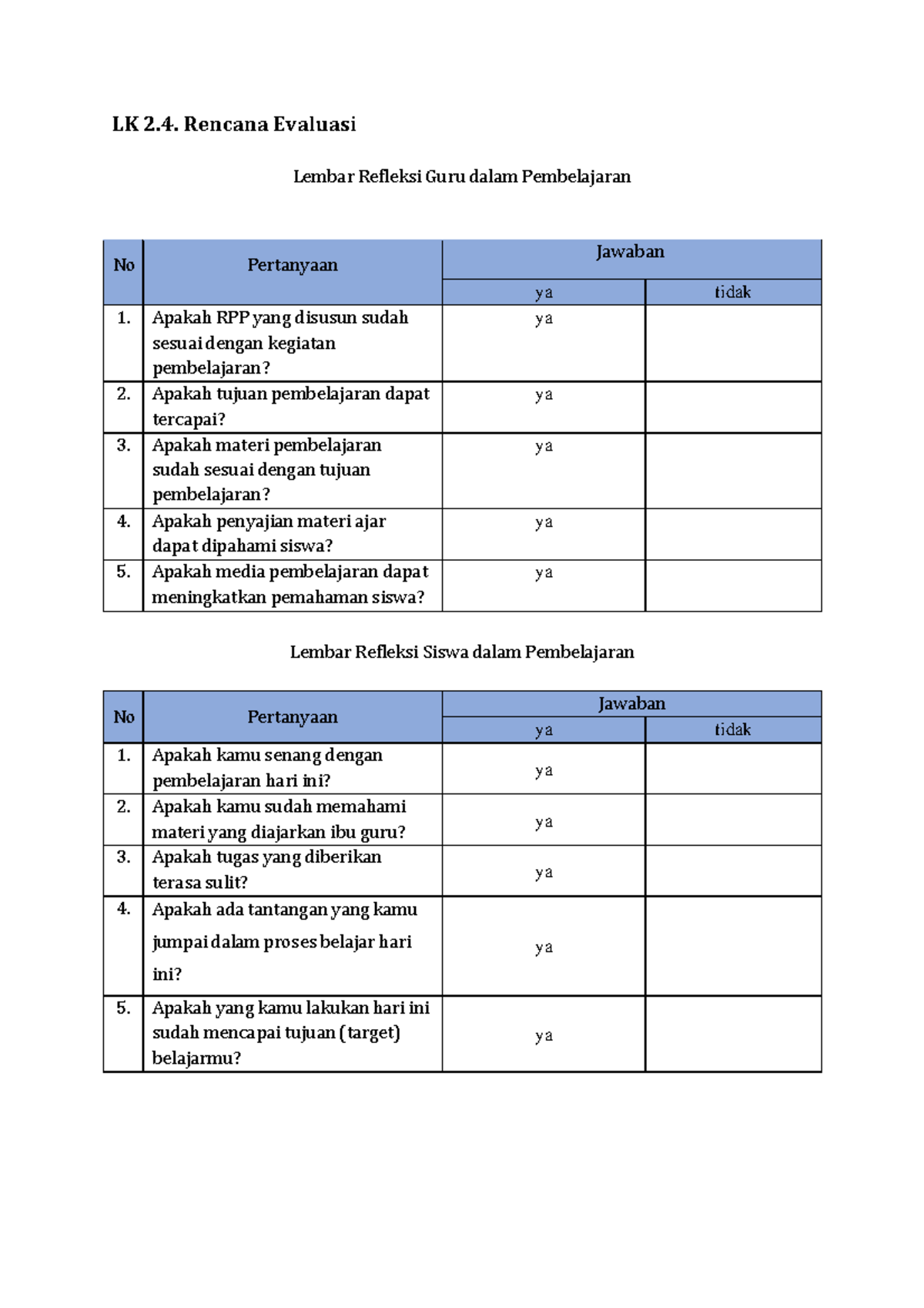 Lembar refleksi - THIS FOR TEACHER - LK 2. Rencana Evaluasi Lembar ...