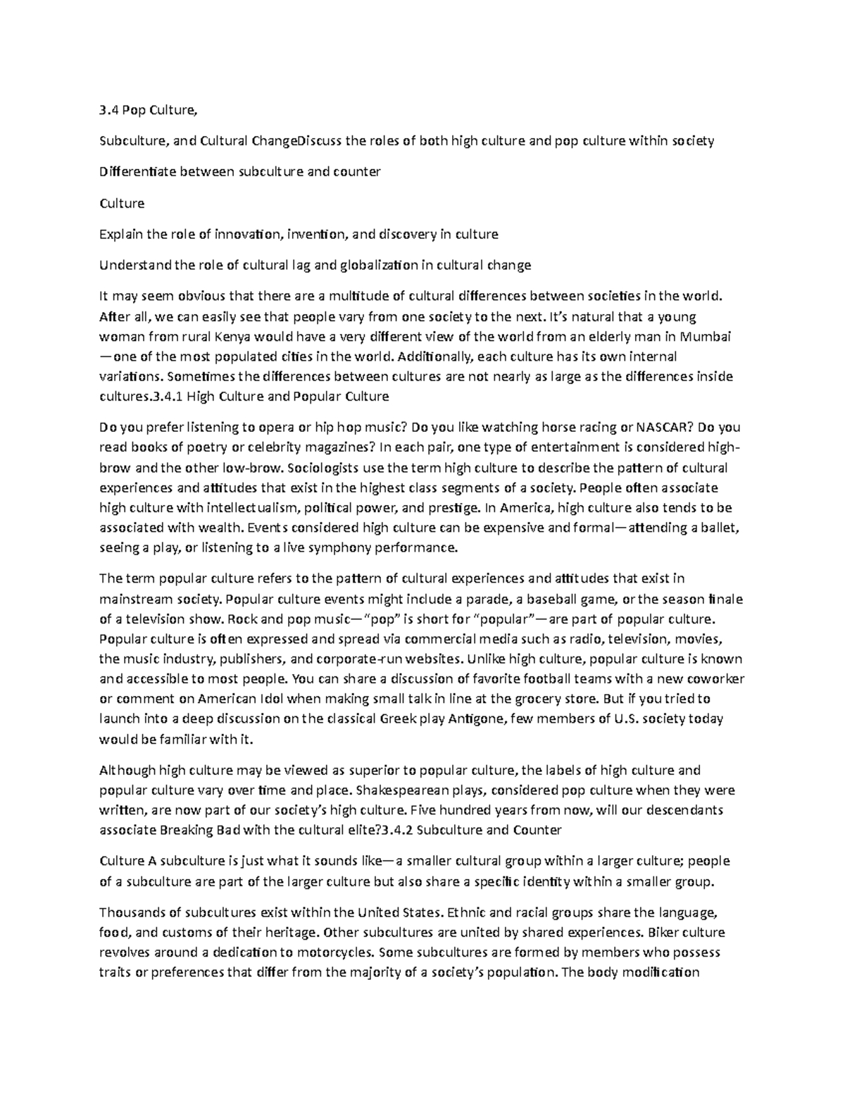 3.4 pop culture notes - 3 Pop Culture, Subculture, and Cultural ...