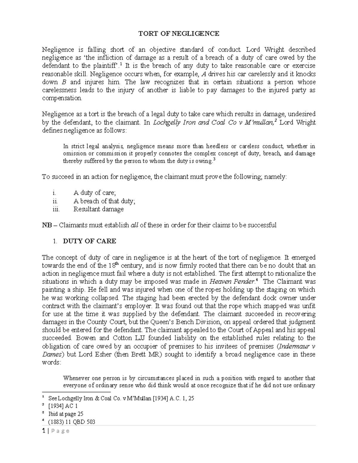 LAW 204 Law of Torts - Negligence- Revised - TORT OF NEGLIGENCE ...