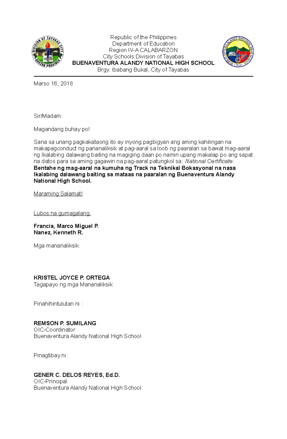 Sample Letter - Copy - Lecture notes 1 - Republic of the Philippines ...