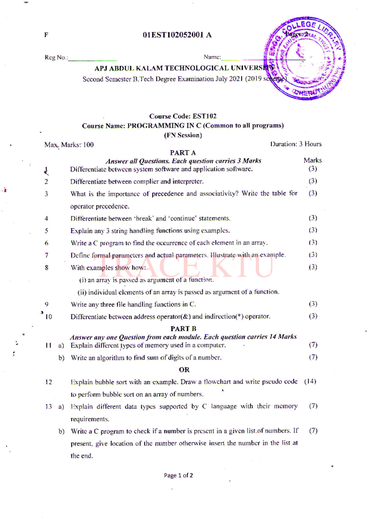 EST102 PROG IN C (A), JULY 2021 - ####### F Reg No.: Max. Marks:' l ...