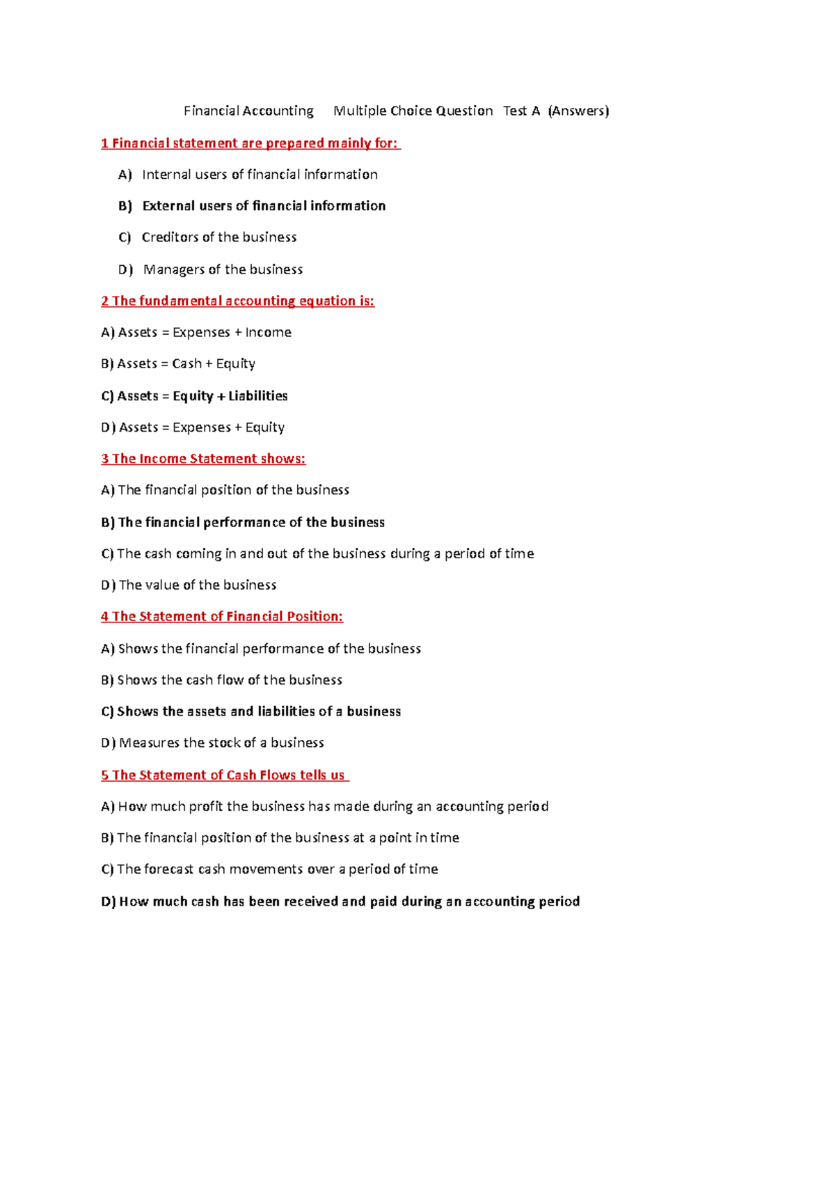Financial Accounting Multiple Choice Question Test A - Extracts from an ...