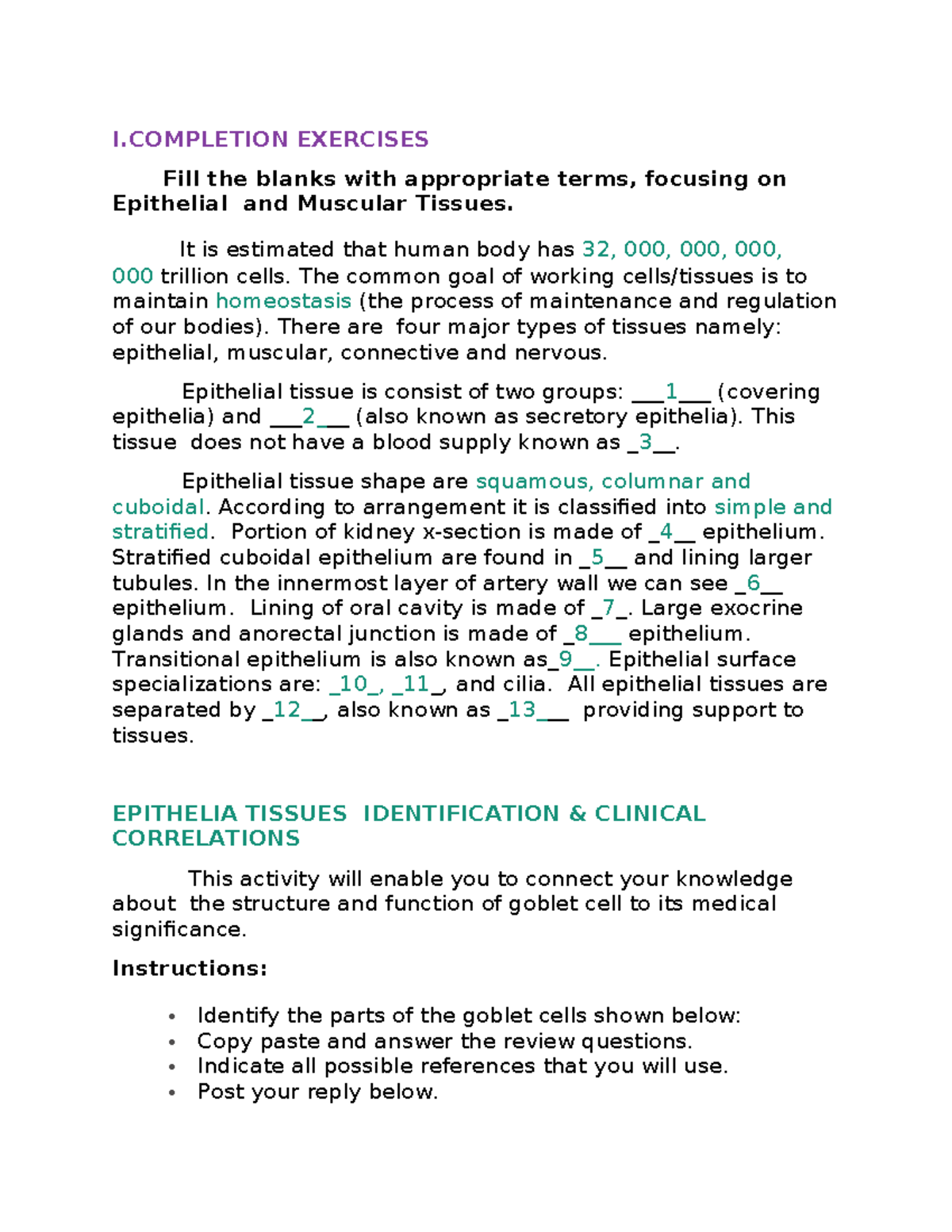 Primary Tissues OF THE BODY 1 Epithelial Tissues - I EXERCISES Fill the ...