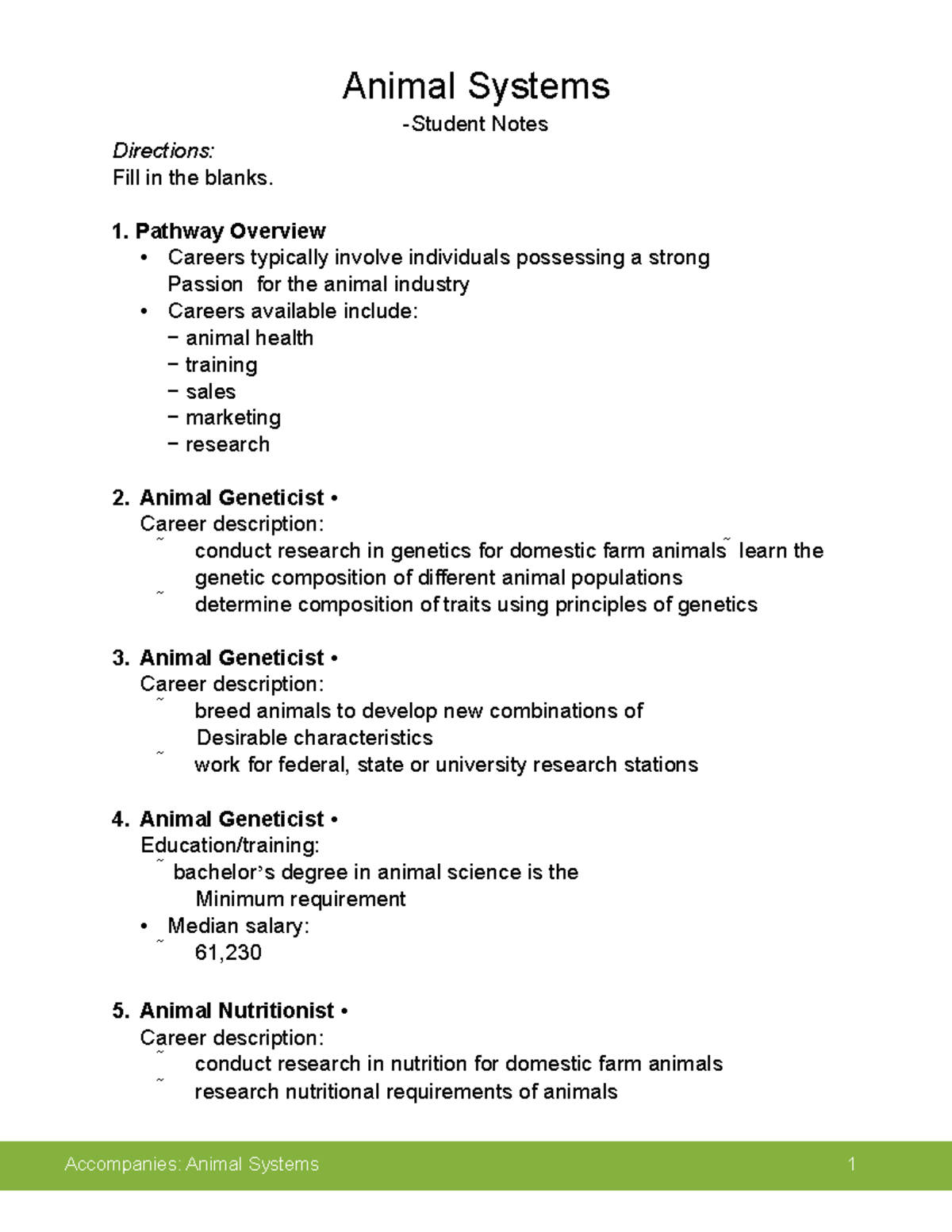 Animal Systems Equine - Horse -Student Notes Directions: Fill in the ...