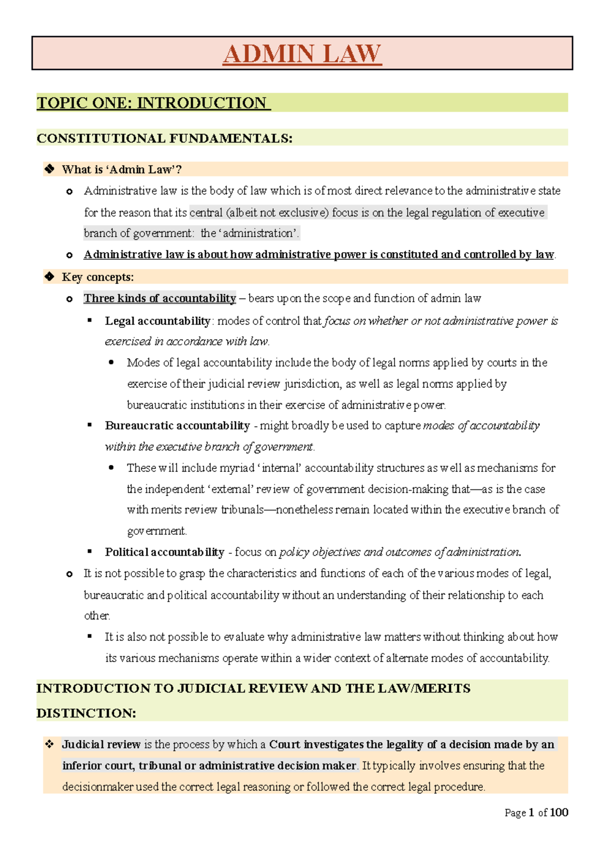 Admin LAW Notes FOR FINAL EXAM - ADMIN LAW TOPIC ONE: INTRODUCTION ...