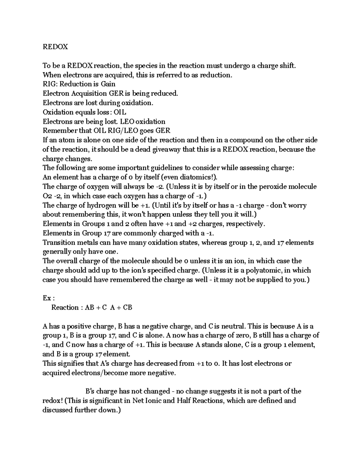 Redox - notes - REDOX To be a REDOX reaction, the species in the ...