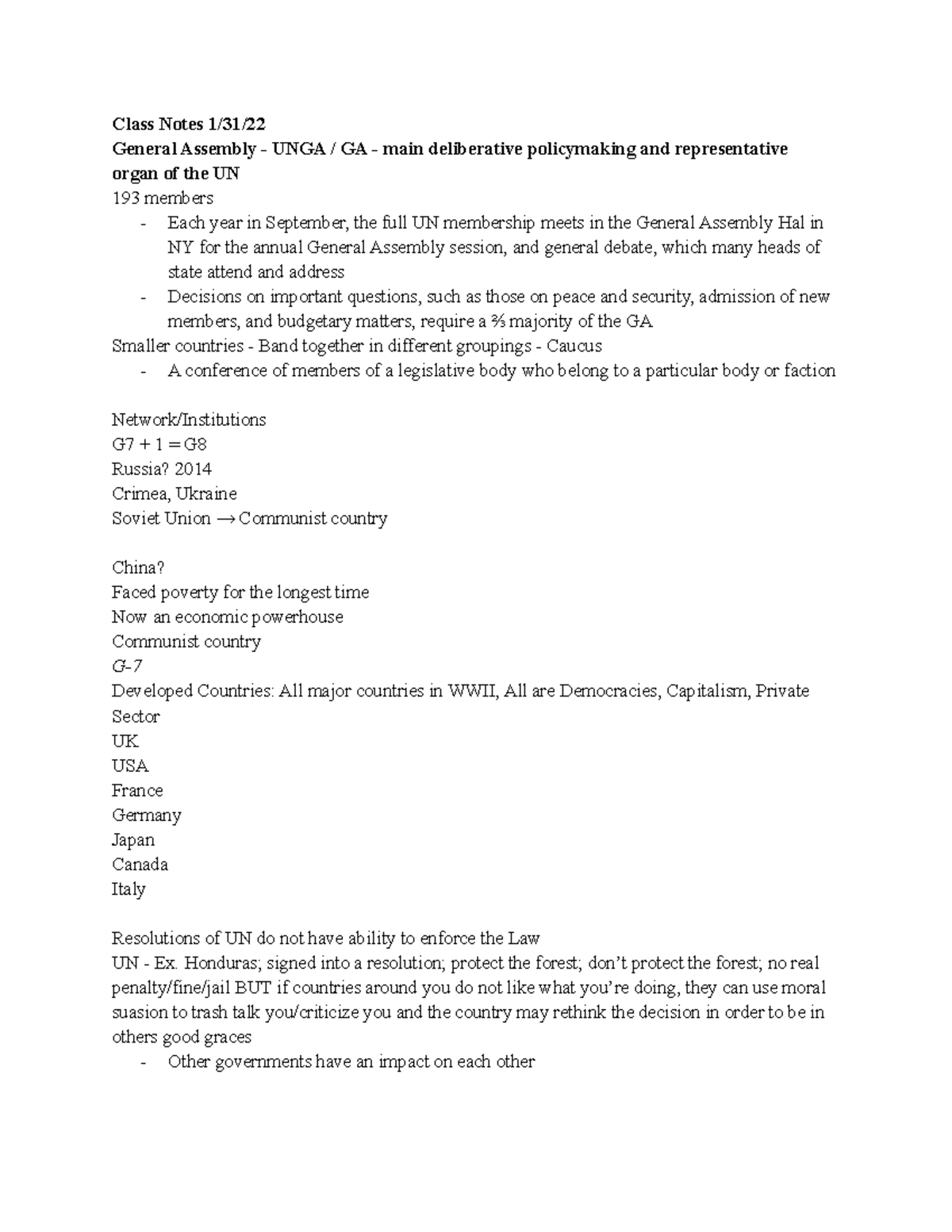 Global Issues Class Notes - Class Notes 1/31/ General Assembly - UNGA ...