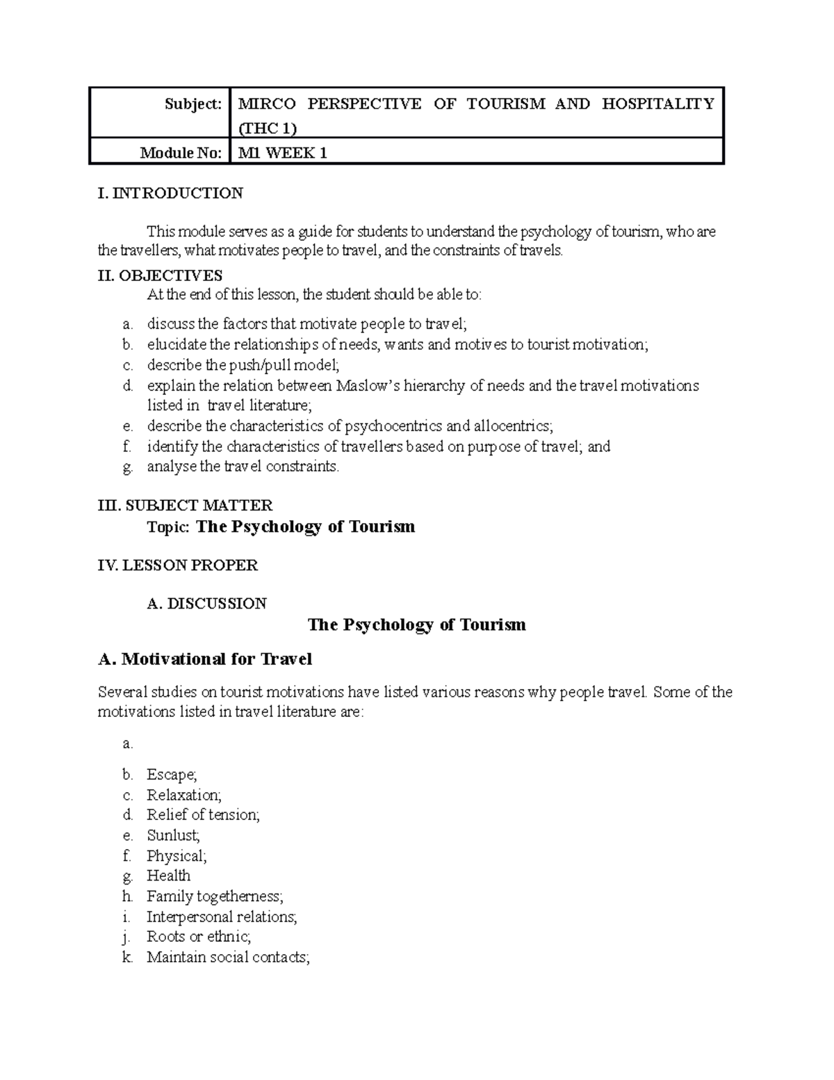 Micro Perspective in THI - Subject: MIRCO PERSPECTIVE OF TOURISM AND ...