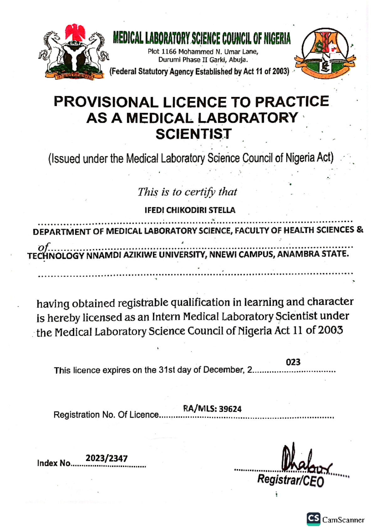 Stella main licence - MEDICAL LABORATORY SCIENCE COUNCIL OF NIGERIA ...