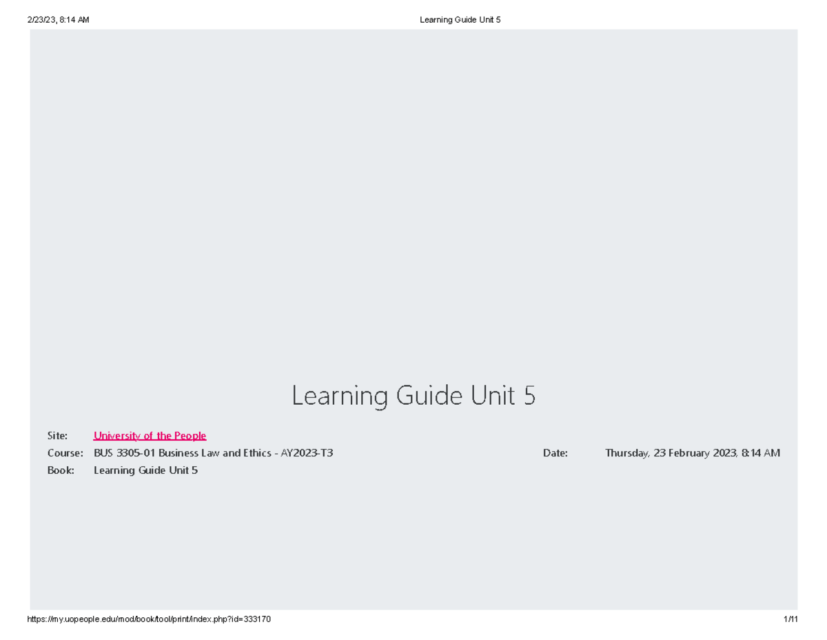 05.Learning Guide Unit 5 - Learning Guide Unit 5 Site: University of the People Course: BUS 3305 ...