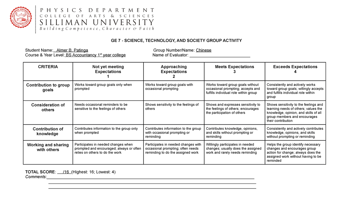 Peer Evaluation Rubric 1st year college - GE 7 - SCIENCE, TECHNOLOGY ...
