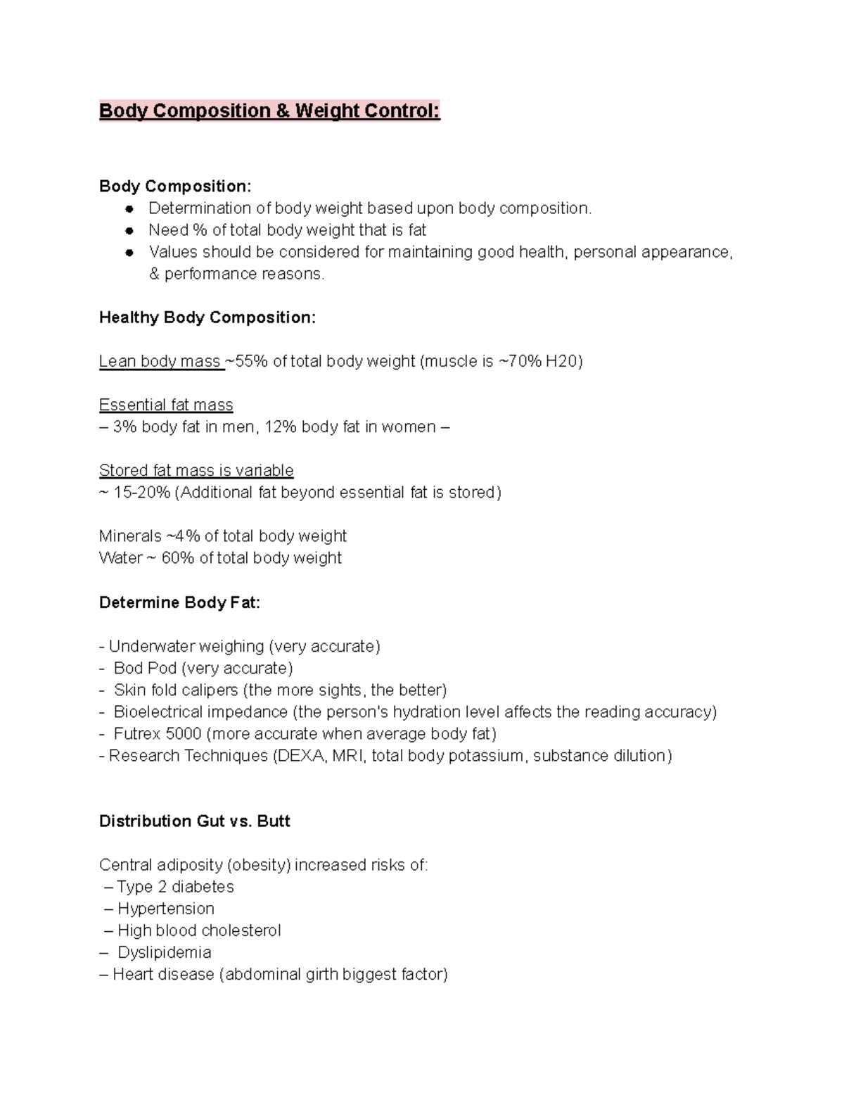 SC326 Human Nutrition Week 7 Notes - Body Composition & Weight Control ...