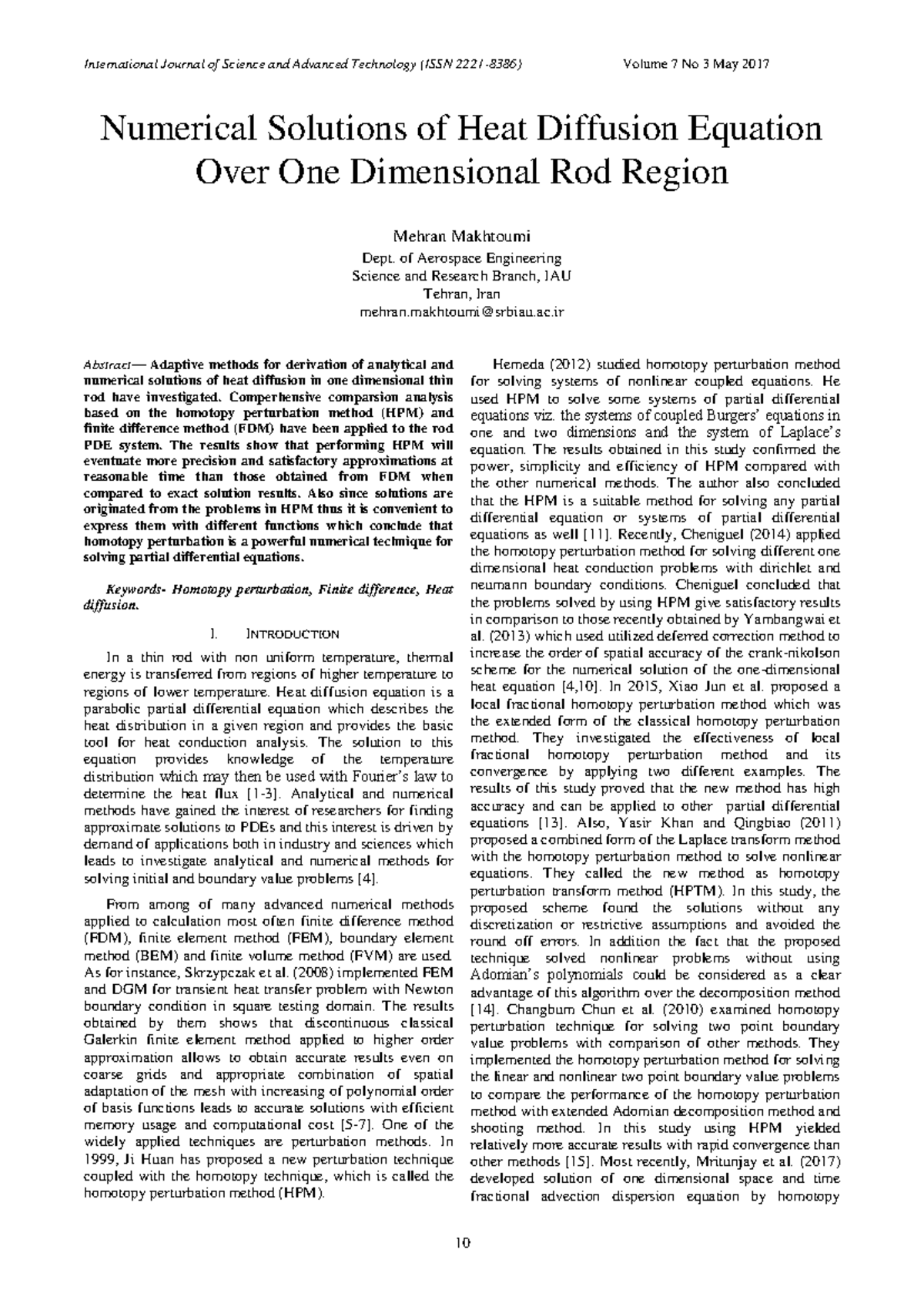 Numerical Solutionsof Heat Diffusion Equation Over One Dimensional Rod ...