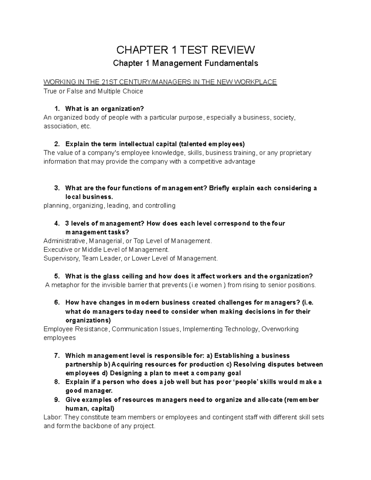 Chapter 1 TEST Review - CHAPTER 1 TEST REVIEW Chapter 1 Management ...