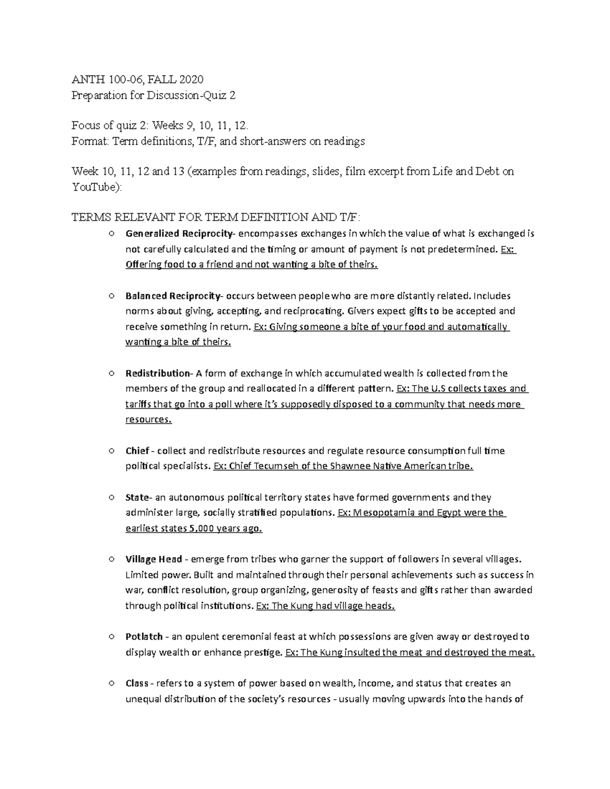 Anthropology Quiz 2 Study Guide (Terms) - ANTH 100-06, FALL 2020 Preparation for Discussion-Quiz ...