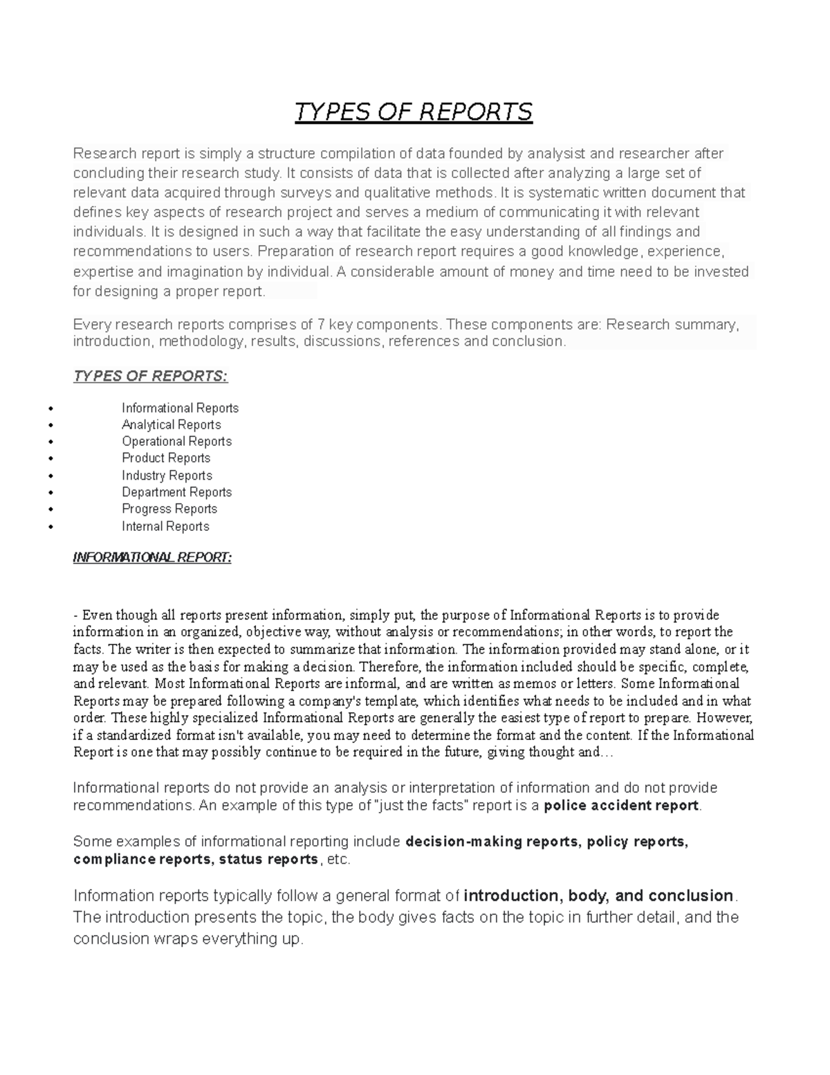 Aaron report - Nice - TYPES OF REPORTS Research report is simply a ...