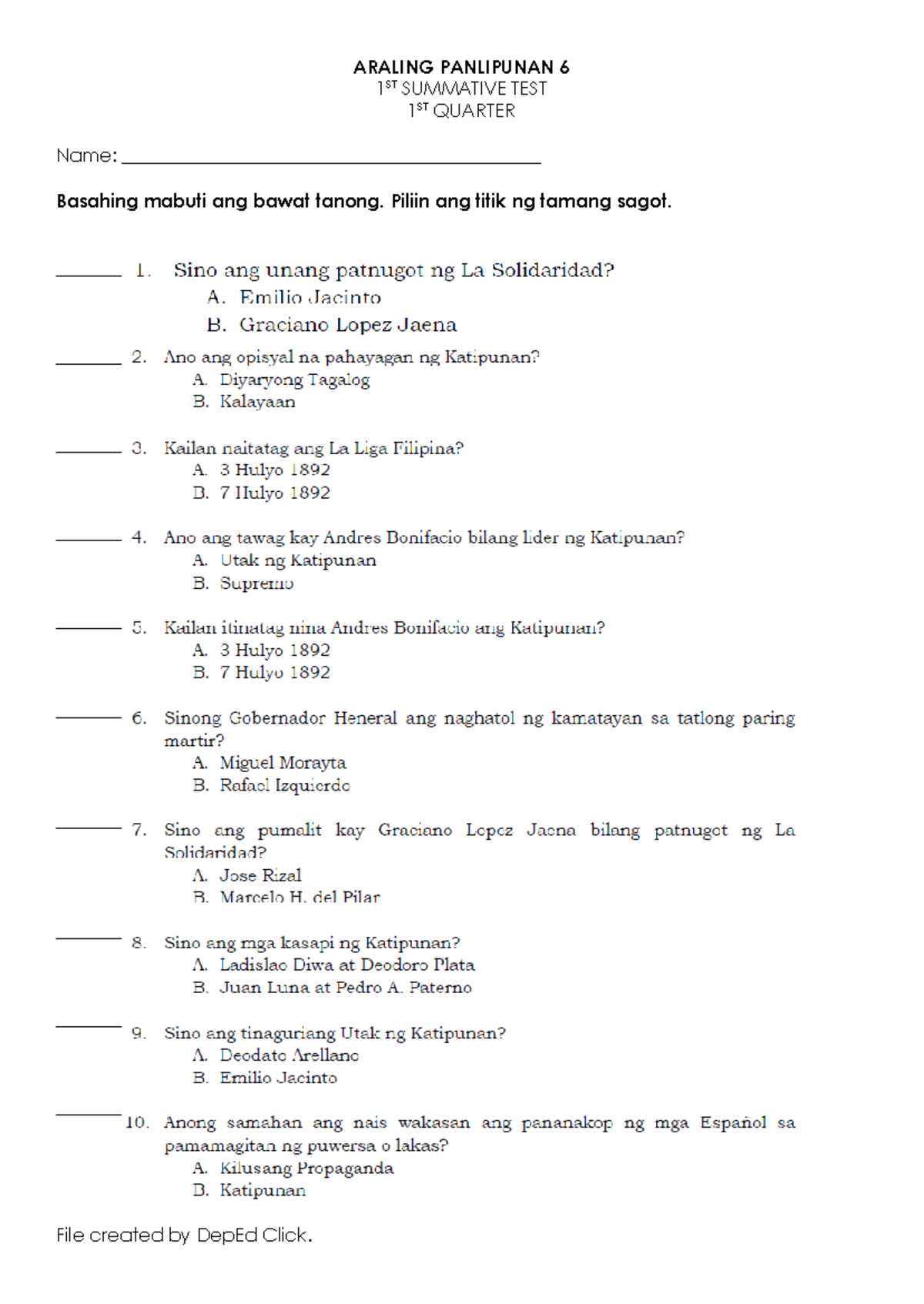 AP6 ST1 Q1 - ap modules - ARALING PANLIPUNAN 6 1 ST SUMMATIVE TEST 1 ST ...