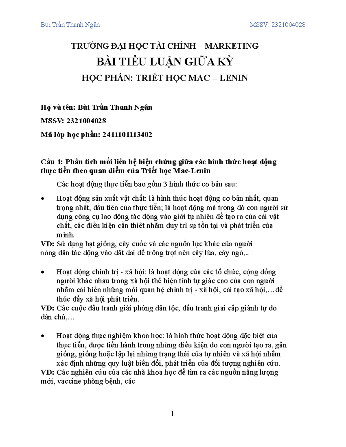 Bai tieu luan giua ky - Bùi Trần Thanh Ngân MSSV: 2321004028 1 TRƯỜNG ...