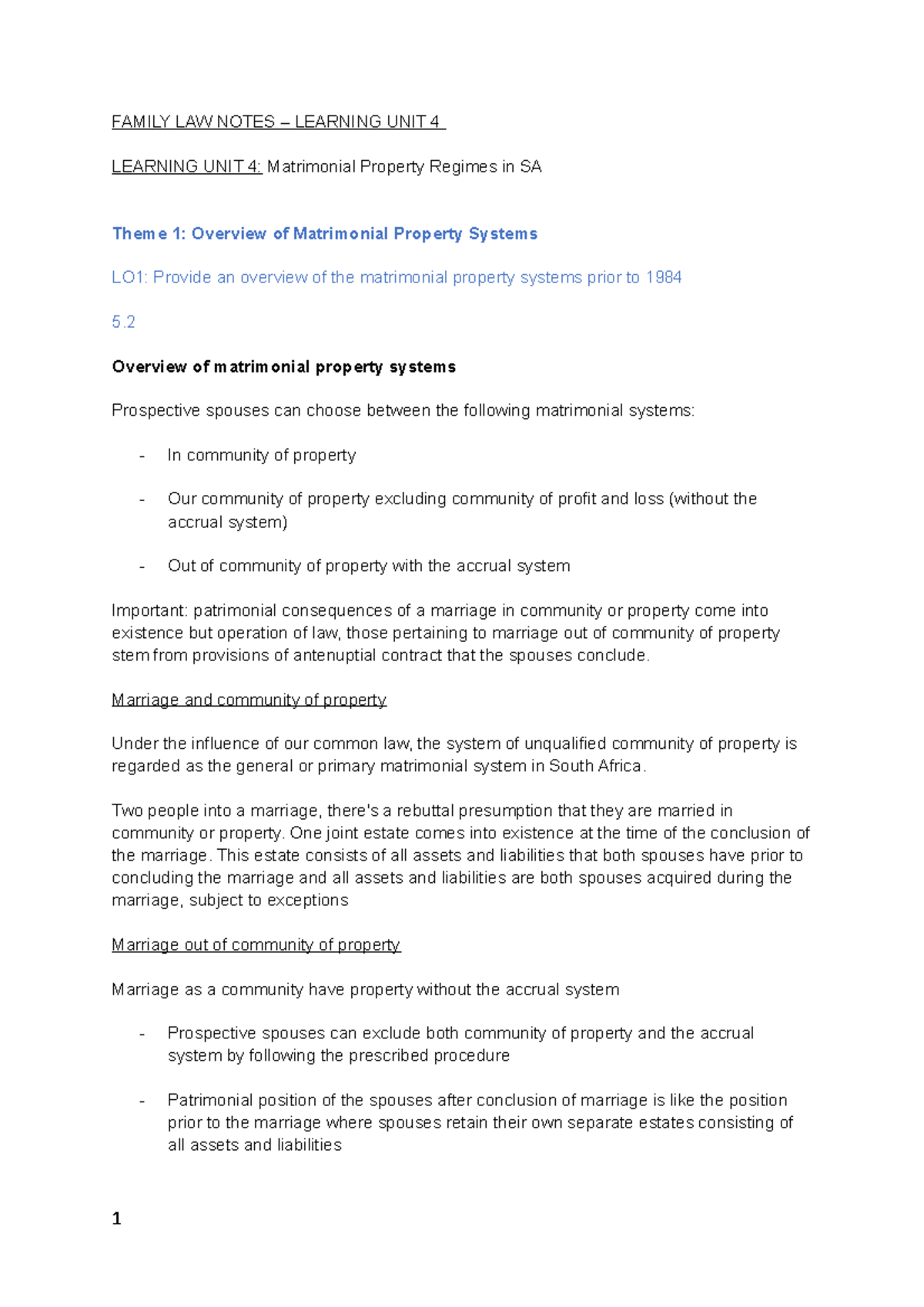 Learning unit 4 - Family law notes - FAMILY LAW NOTES – LEARNING UNIT 4 ...