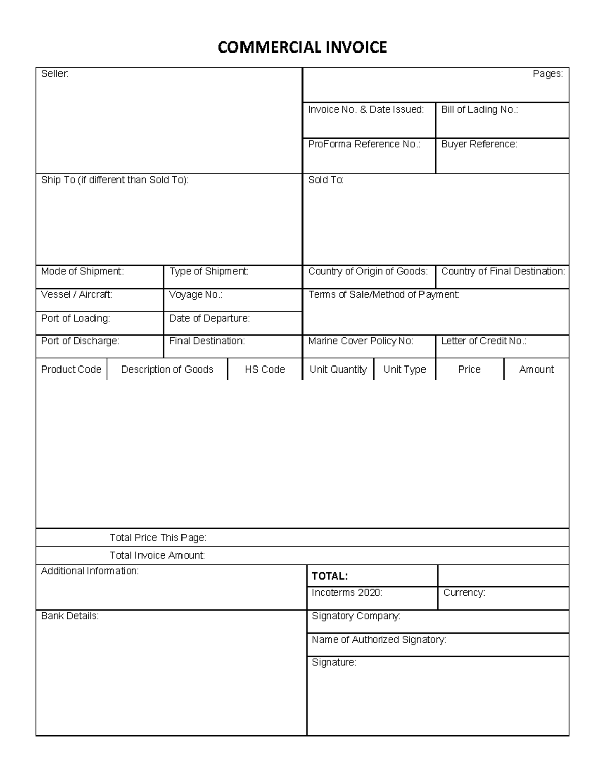 Commercial Invoice Template - COMMERCIAL INVOICE Seller: Pages: Invoice ...