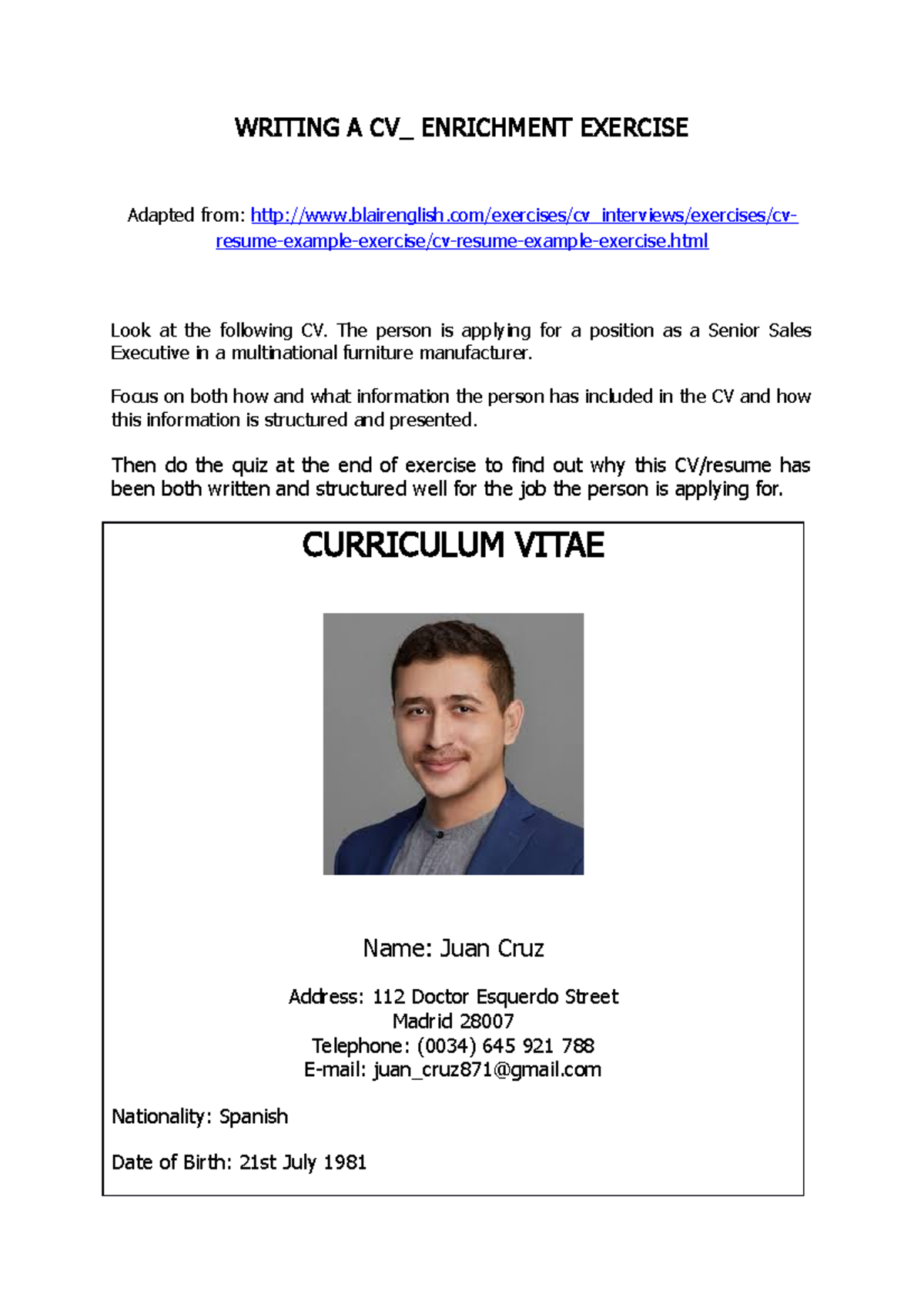CV Activity - English for Professional Communication SBLE3173 - WRITING ...