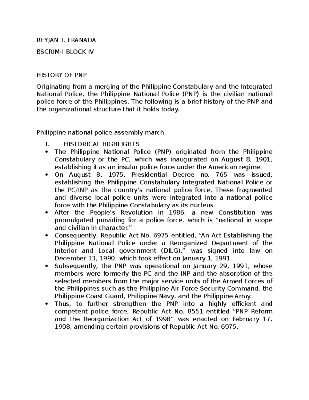 PNP History in language - REYJAN T. FRANADA BSCRIM-I BLOCK IV HISTORY ...