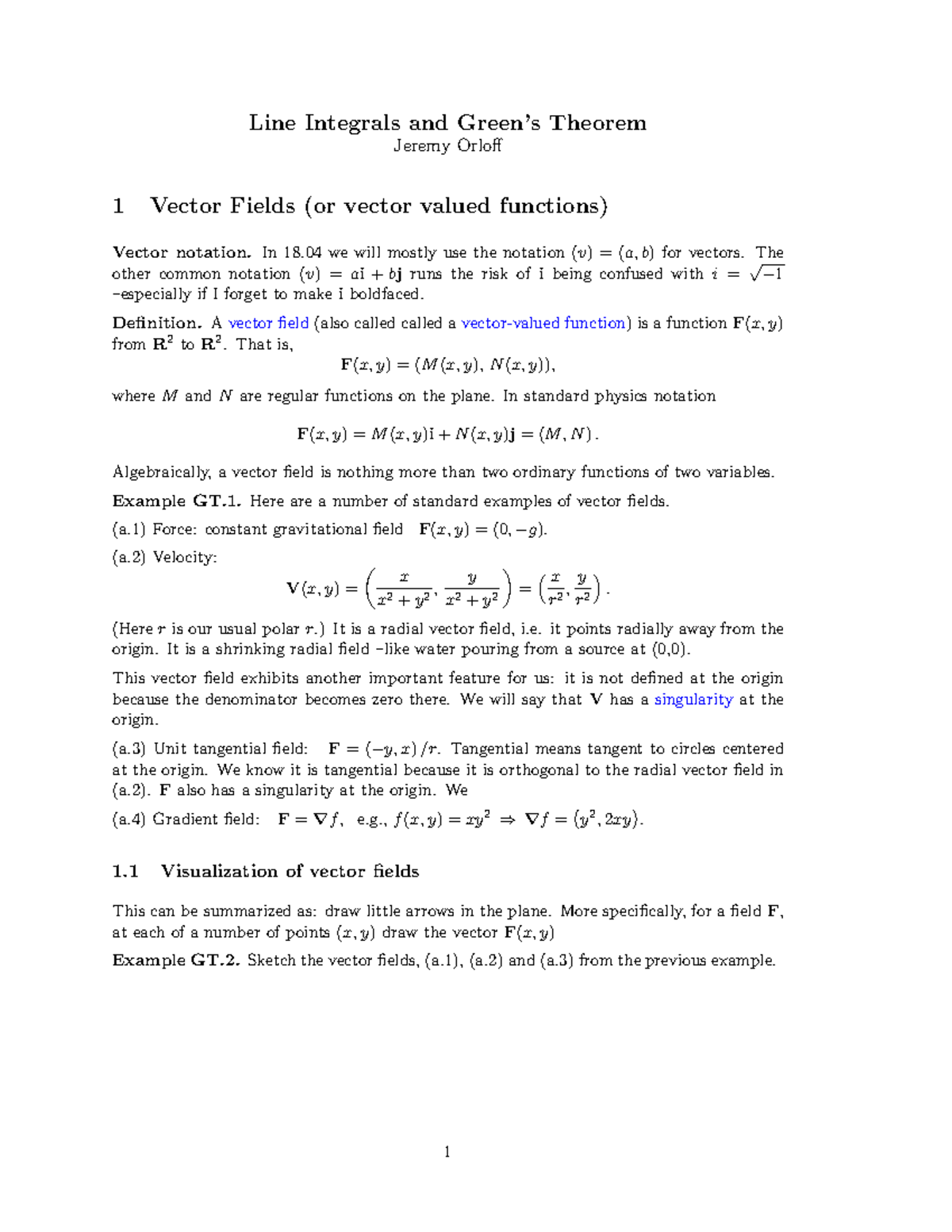 Greenstheorem - Revision - Line Integrals and Green’s Theorem Jeremy Orloff 1 Vector Fields (or ...