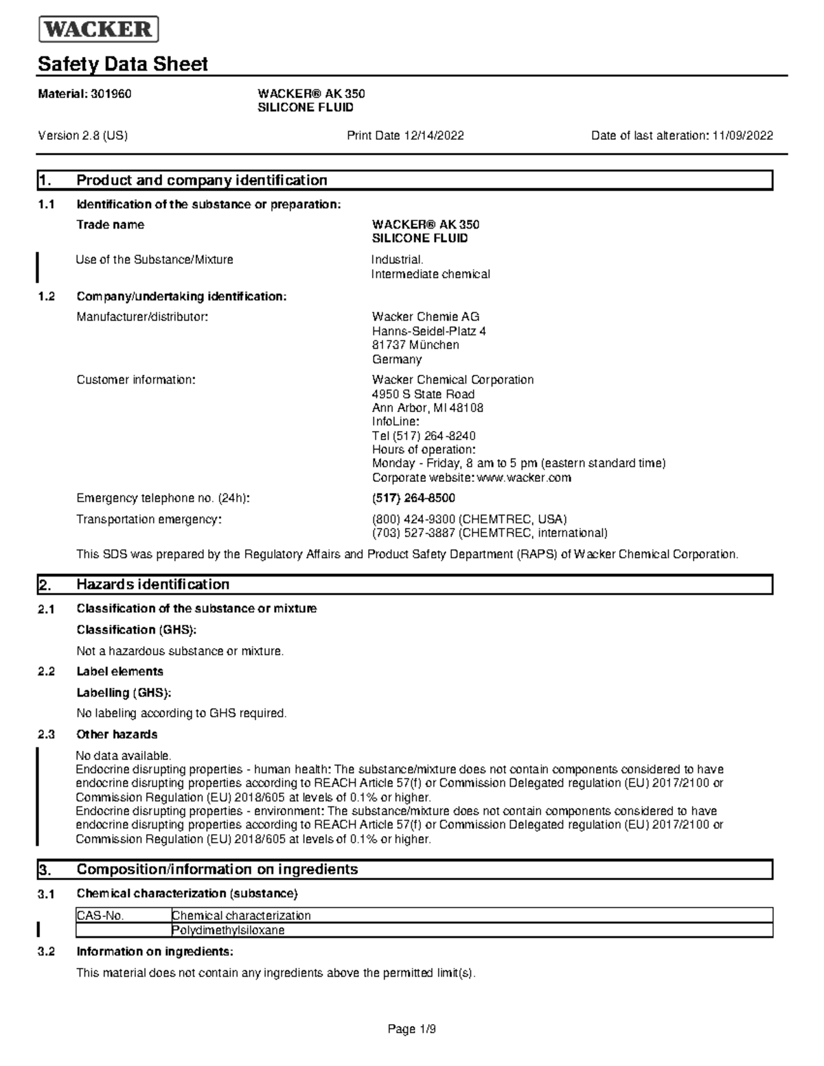 Wacker AK 350 SDS - Practical Example of SDS - Material: 301960 WACKER ...