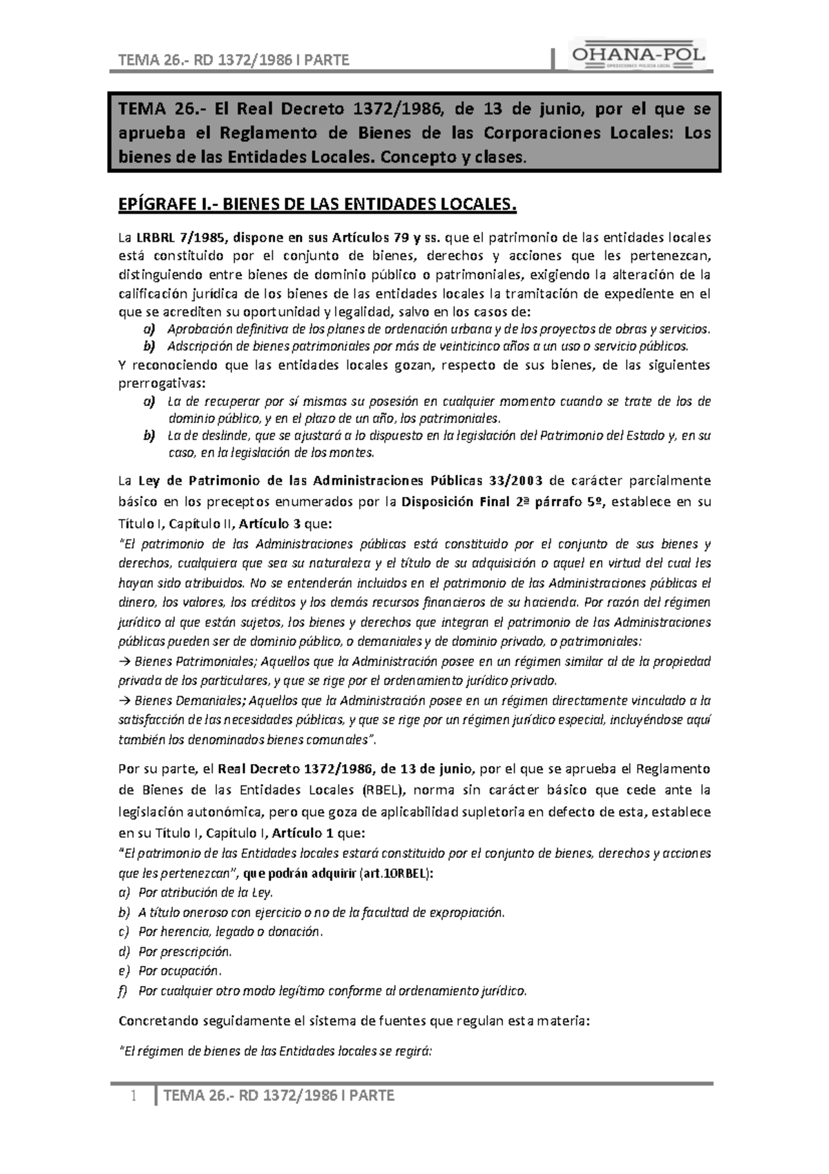 TEMA 26 RBEL I Parte - bienes de las entidades locales - TEMA 26.- El ...
